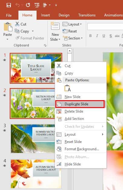 Duplicate Slides in PowerPoint 2016 for Windows